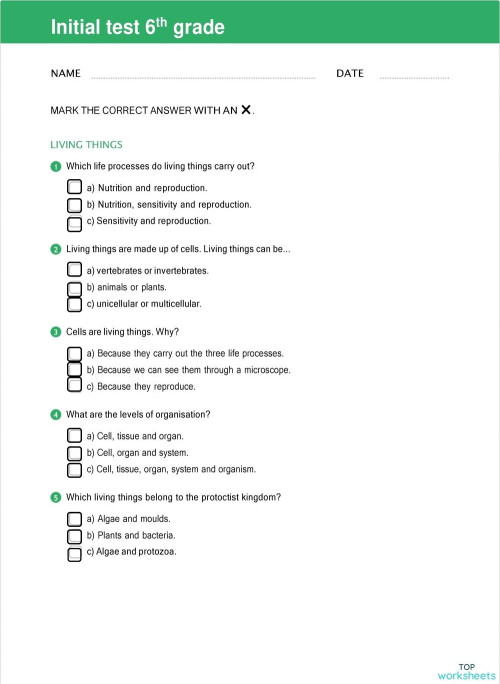 Science Initial evaluation 6th grade. Interactive worksheet | TopWorksheets