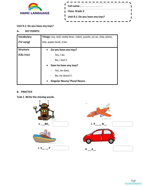 ESL03_UNIT 9.1: DO YOU HAVE ANY TOYS?. Interactive worksheet ...