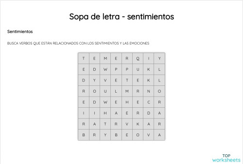 Sopa de letra - sentimientos. Ficha interactiva | TopWorksheets