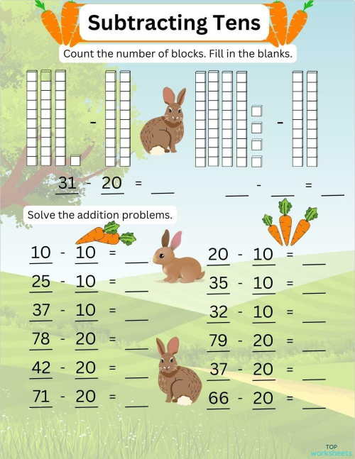 Subtracting Tens. Interactive worksheet | TopWorksheets