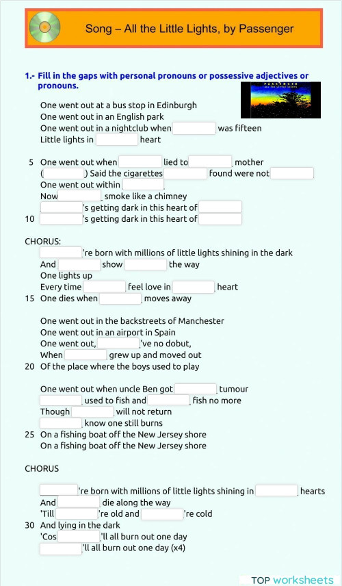 Song: All the Little lights, by Passenger. Interactive worksheet ...