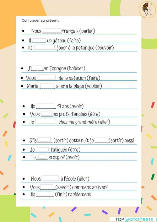 Verbes au présent. Fiche interactive | TopWorksheets