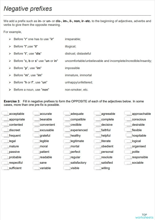 Negative Prefixes 02. Interactive worksheet | TopWorksheets