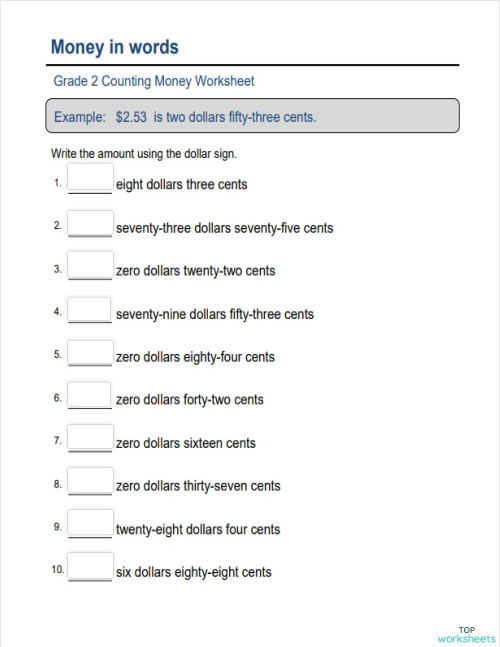 Amount of Money. Interactive worksheet | TopWorksheets