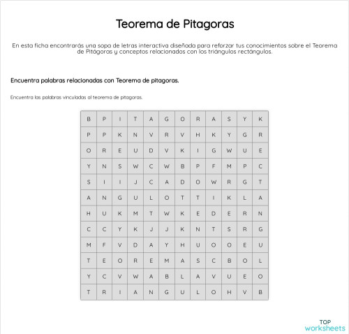 Teorema de Pitagoras. Ficha interactiva | TopWorksheets