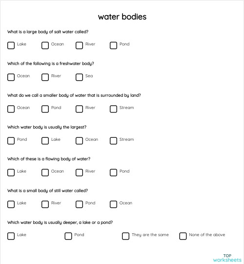 water bodies. Interactive worksheet | TopWorksheets