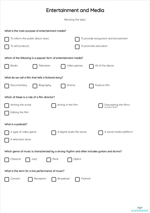 Entertainment and Media. Interactive worksheet | TopWorksheets