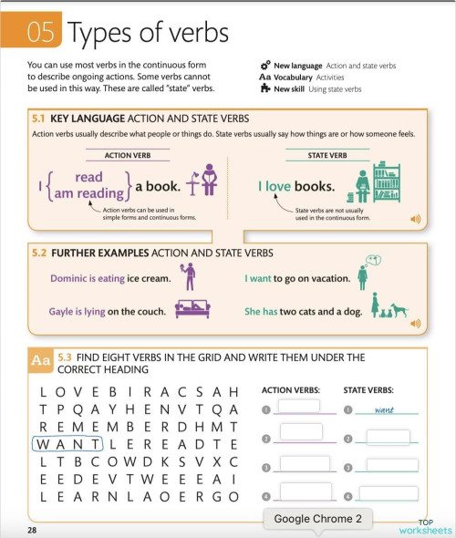 Action and state verbs. Interactive worksheet | TopWorksheets