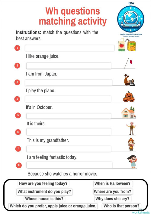 Wh questions matching activity. Interactive worksheet | TopWorksheets