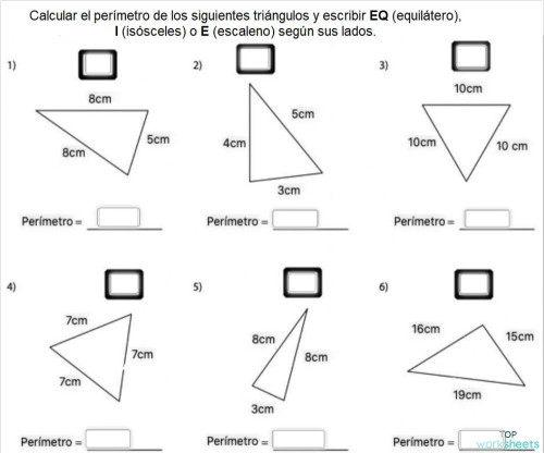 Perímetro de triángulos.. Ficha interactiva | TopWorksheets