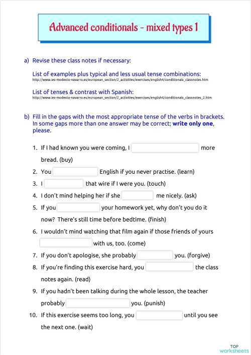 Advanced conditionals - mixed types 1. Interactive worksheet | TopWorksheets