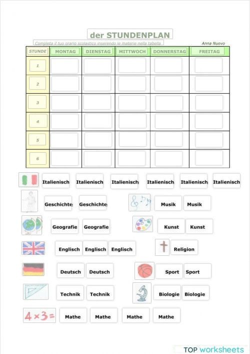 Stundenplan. Interaktives Arbeitsblatt | TopWorksheets