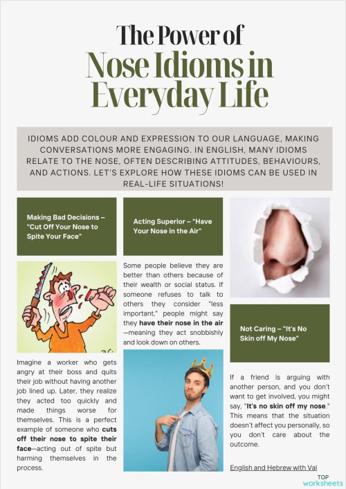 The Power of Nose Idioms in Everyday Life /Reading Compehension ...