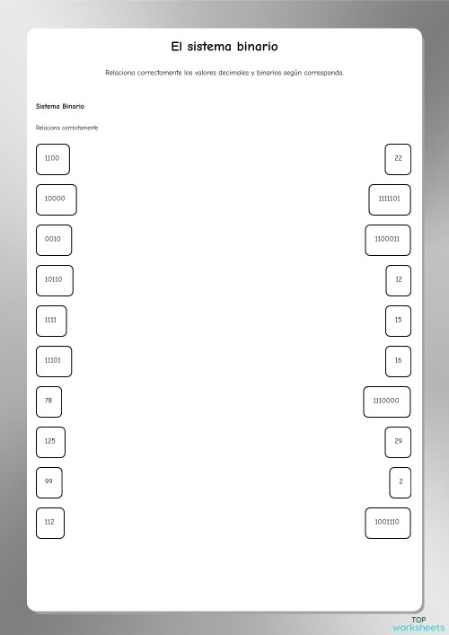 El sistema binario. Ficha interactiva | TopWorksheets