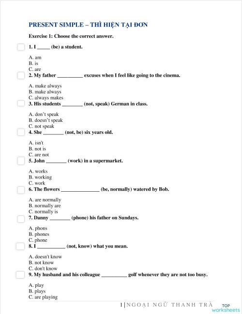 PRACTICE PRESENT SIMPLE - MULTIPLE CHOICE 2. Interactive worksheet ...