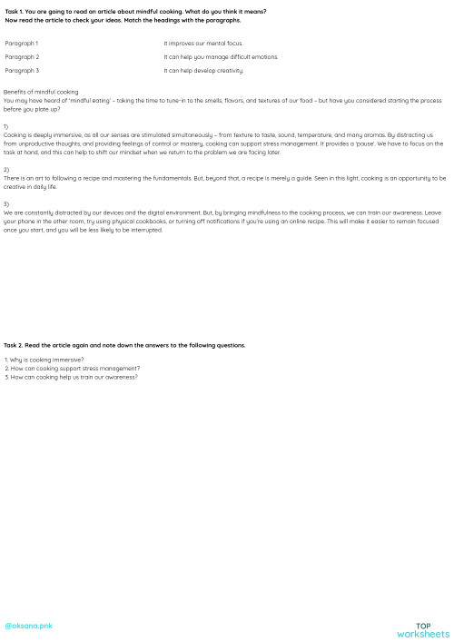 Lesson 40: Mindful cooking (pre-class worksheet). Interactive worksheet ...