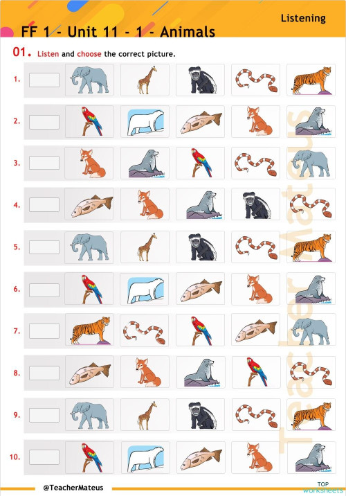 FF 1 - Unit 11 - 2 - Animals - Listening - TM0312. Interactive ...