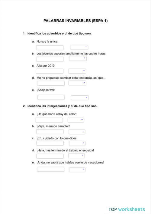Palabras invariables Espa 1. Ficha interactiva | TopWorksheets