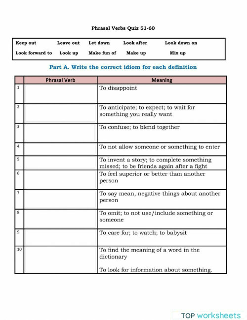 Phrasal Verbs Quiz 51-60. Interactive worksheet | TopWorksheets