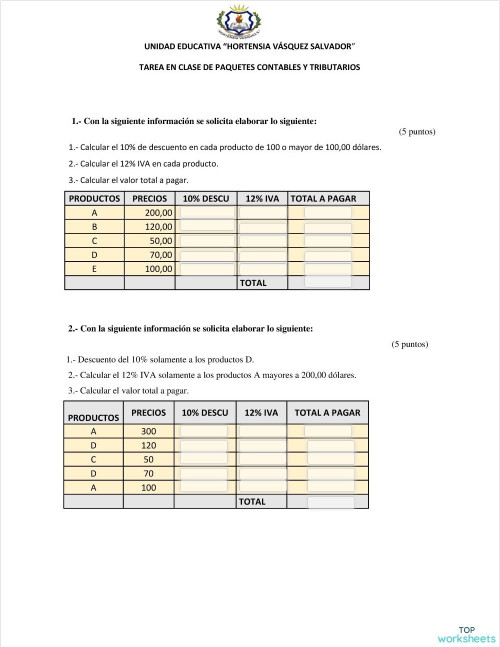 PAQUETES CONTABLES: fichas interactivas y ejercicios online | TopWorksheets