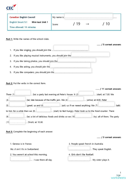 ES 5.1 - MINI-TEST UNIT 1. Interactive worksheet | TopWorksheets