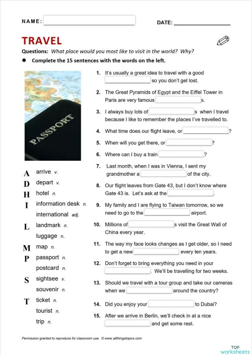 Travel Vocabulary. Interactive worksheet | TopWorksheets