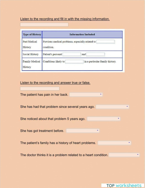 Medical history. Interactive worksheet | TopWorksheets
