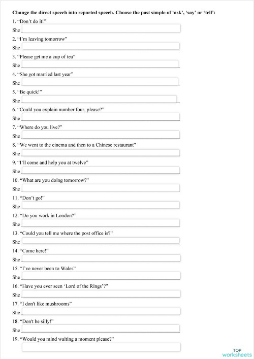 Reported Speech - Mixed sentence types. Interactive worksheet ...