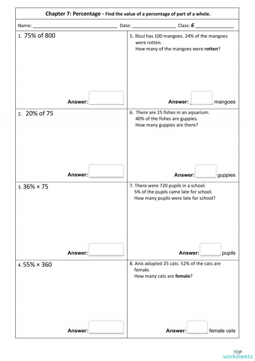 Percentage - Find the value of a percentage. Interactive worksheet ...