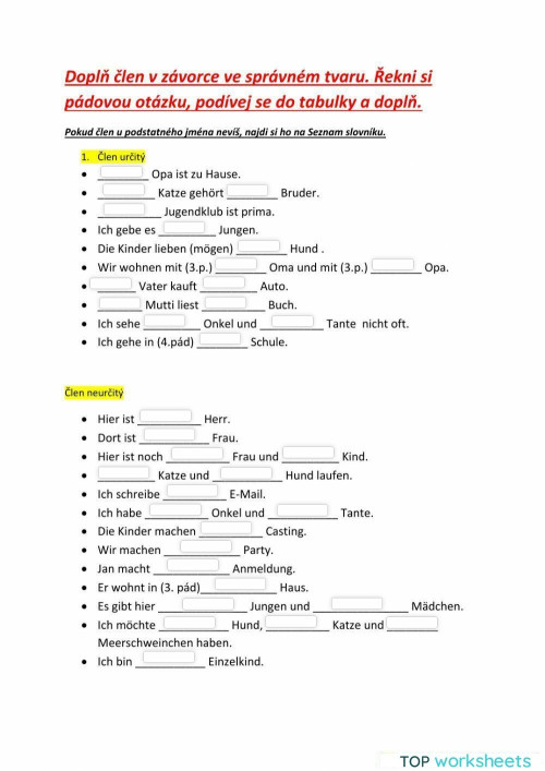 Cvičení na člen podstatných jmen. Interactive worksheet | TopWorksheets