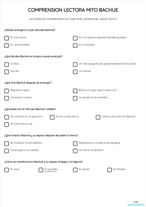 COMPRENSION LECTORA MITO BACHUE. Ficha interactiva | TopWorksheets