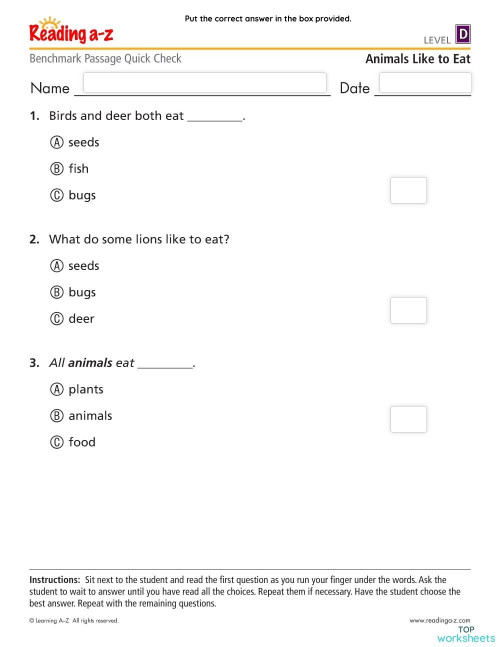Reading Level D: Animals Like to Eat. Interactive worksheet | TopWorksheets