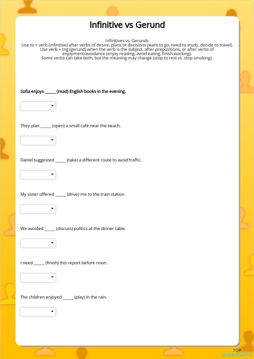 Infinitive vs Gerund. Ficha interactiva | TopWorksheets
