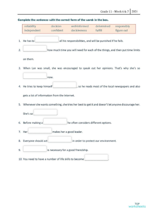 Grade 11-Unit 3- Vocabulary. Interactive worksheet | TopWorksheets