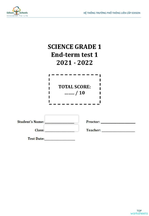 Science 1 - End-term test 1. Interactive worksheet | TopWorksheets