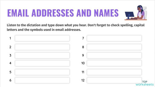 Email addresses and name # 3. Interactive worksheet | TopWorksheets