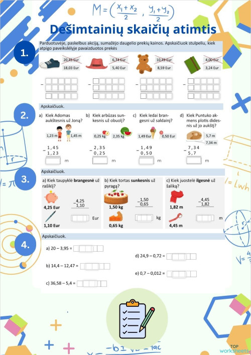 Veiksmai su dešimtainiais skaičiais. Interactive worksheet | TopWorksheets