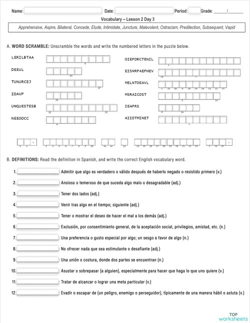 English 92 Vocabulary Lesson 2. Interactive worksheet | TopWorksheets