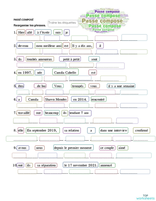 Passé composé. reorganise les phrases. Fiche interactive | TopWorksheets