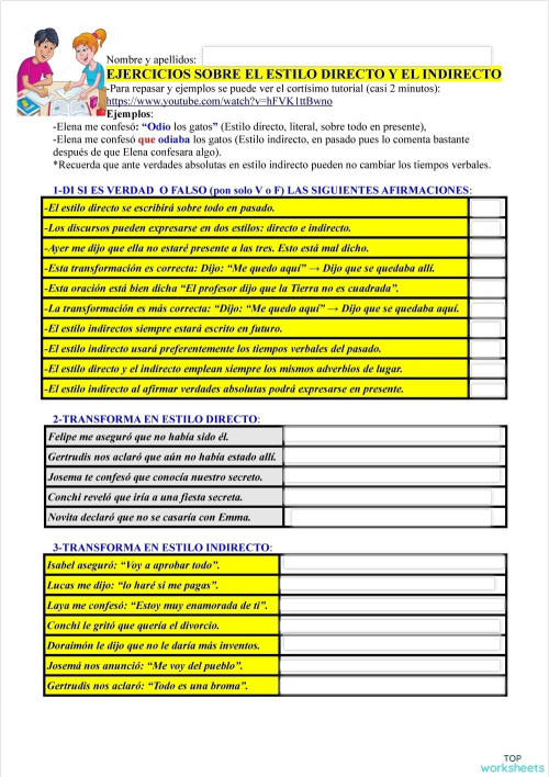 ESTILO DIRECTO E INDIRECTO. Ficha interactiva | TopWorksheets