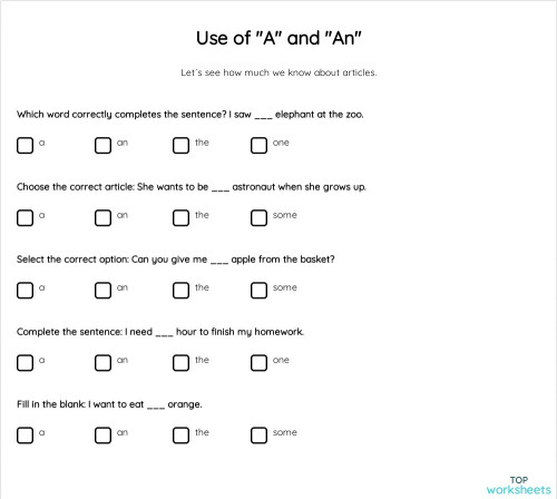 Use of "A" and "An". Interactive worksheet | TopWorksheets