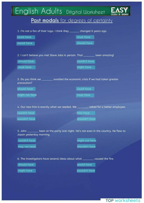 Past modals for degrees of certainty. Interactive worksheet | TopWorksheets