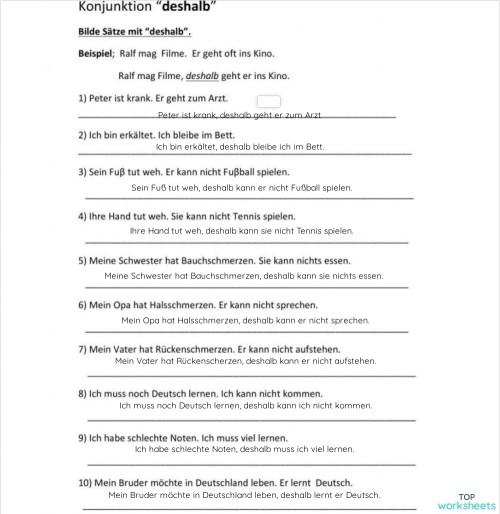 Deshalb Sätze. Interaktives Arbeitsblatt | TopWorksheets