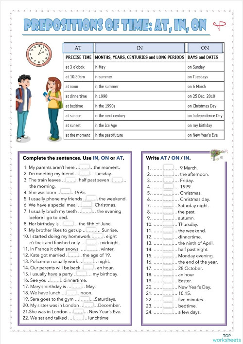 Prepositions of Time: AT, IN, ON. Interactive worksheet | TopWorksheets