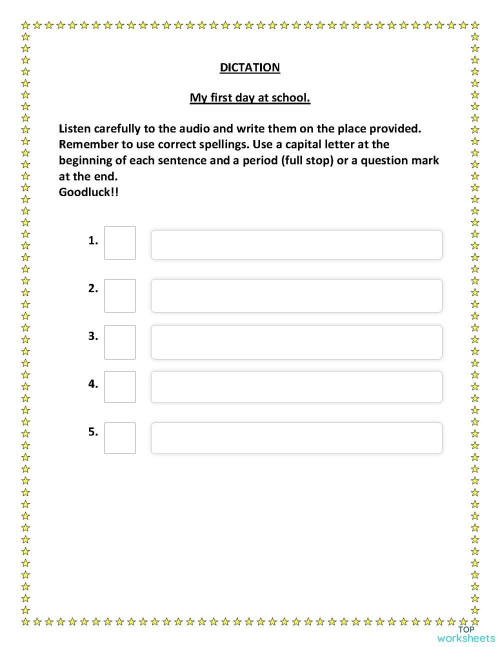 Dictation - My First Day At School. Interactive worksheet | TopWorksheets