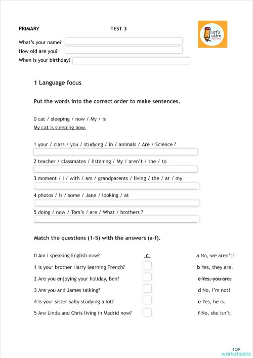 Primary test 3. Interactive worksheet | TopWorksheets