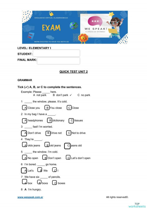 Quick exam unit 2 elementary. Interactive worksheet | TopWorksheets