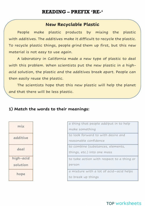 Reading -New Recyclable Plastic. Interactive worksheet | TopWorksheets