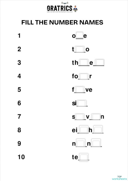 FILL THE NUMBER NAMES. Interactive worksheet | TopWorksheets