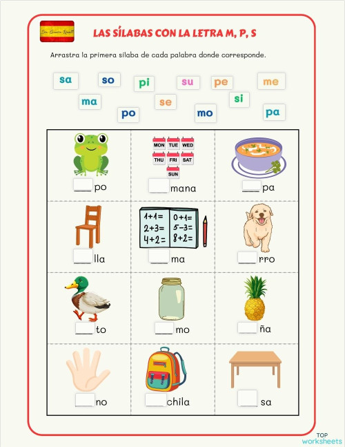 Las sílabas con la letra m, p, s. Ficha interactiva | TopWorksheets